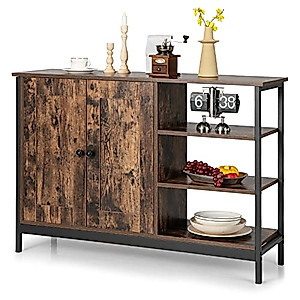 Giantex Industrial Kitchen Storage Cabinet w/Open Shelves, 2-Door Cupboard, Adjustable Shelf, Wooden Buffet Sideboard, Farmhouse Floor Bar Cabinet for Living Room, Entryway (Rustic Brown)