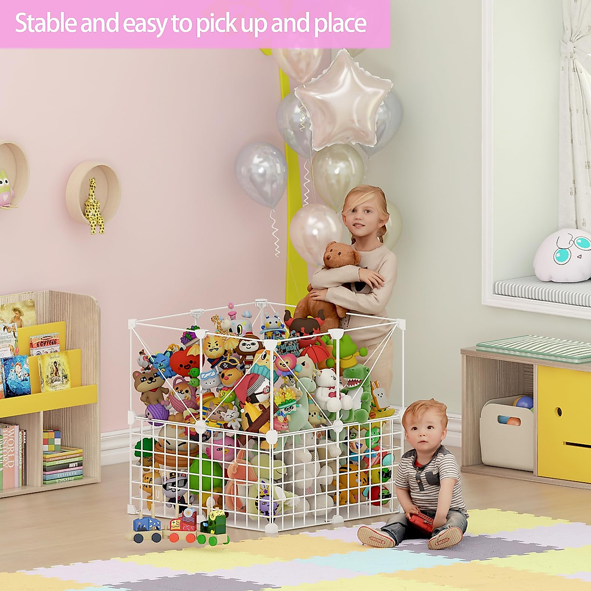 Aougiley Stuffed Animal Storage Box, Square Metal Organizer Holder with Adjustable Cord for Kids, L23.6 * W23.6 * H23.6 inches