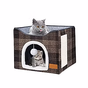 Cat Bed for Indoor Cats, Cat House with Durable Scratching Board and Dangling Toy Ball, Foldable Cat Condo with Reversible Cushions and Large Opening (Coffee)