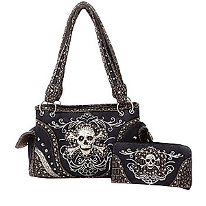 Western Skull Bones Skeleton Purse Handbag Concealed Carry Gun Pocket Matching Wallet (Black)