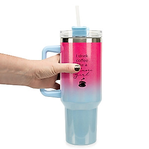 Elanze Designs I Drink Coffee Like A Gilmore Girl 40 oz. Stainless Steel, Large Water Bottle Coffee Mug, Spill & Leak Resistant, Thermal Travel Tumbler with Handle, Lid & Straw, Hot Pink/Sky Blue