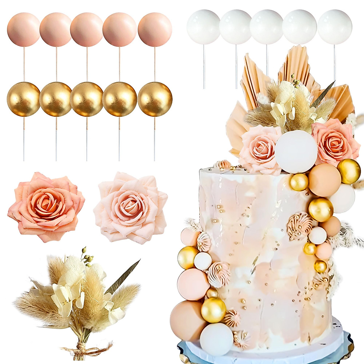 JeVenis Natural White Boho Cake Topper Boho Cake Decorations Cake Flowers Decorations Floral Cake Topper for Baby Shower Wedding Bridal Birthday Party Supplies