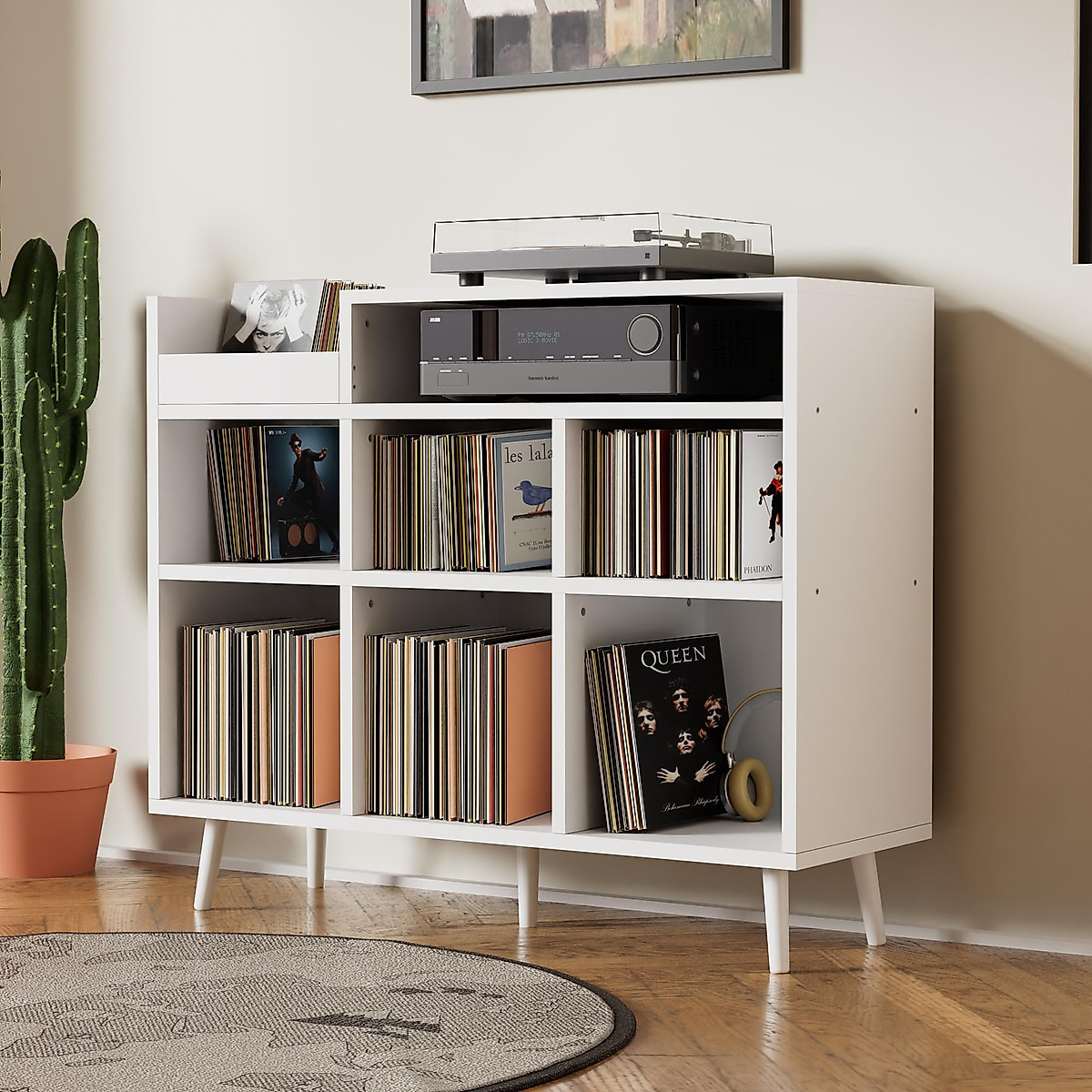 Record Storage Cabinet, Turntable Shelf with Vinyl Storage up to 500 Albums, Vinyl Record Player Shelf with Power Outlet Sideboard Buffet Cabinet with Storage Accent Cabinets for Living Room (White)