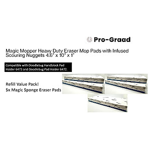 Magic Mopper 4.5" x 10" Heavy Duty Mop Floor Cleaning Eraser Pads Infused with Scouring Nuggets 10x Durability Commercial Grade Floor Baseboard Walls, Compare to Magic Eraser – Doodlebug Pad, 5 Pack