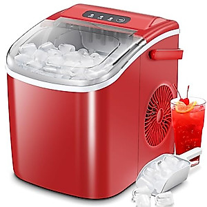 Ice Maker Countertop 9 ice Cubes Ready in 6 Mins with Handle, Portable Ice Machine with ice Scoop and Basket Self-Cleaning Ice Makers, Up to 26 lbs for Home Kitchen Office Bar Party（RED