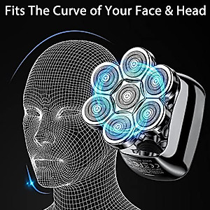 Head Shaver for Men, Electric IPX7 Waterproof Wet/Dry Beard Facial Nose Hair Trimmer, 7D Ultimate Mens Cordless Rechargeable Rotary Shaver Razor with Brushes, Combs & Massager, LED Display
