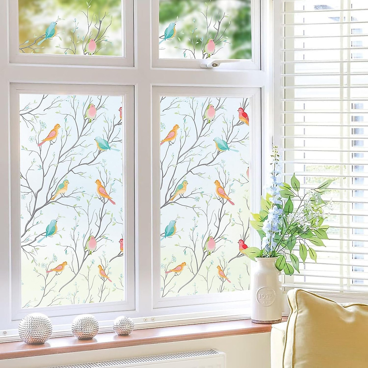 Coavas Window Privacy Film Decorative Bird Stained Glass Window Film Bathroom Frosted Glass Window Cling Privacy Film Heat Blocking Static Cling Day and Night Home Door Window Coverings 17.5" x 78.7"