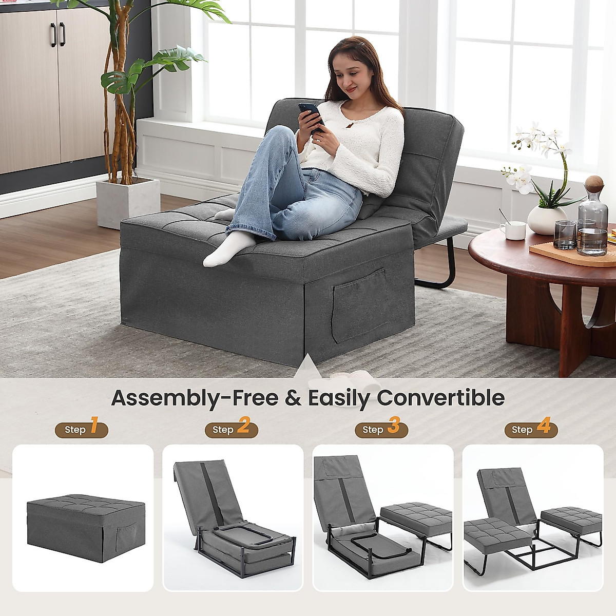 YOUDENOVA Sofa Bed, 4 in 1 Multi-Function Convertible Ottoman Chair Bed, Modern Breathable Linen Folding Couch Bed with Adjustable Backrest for Living Room Apartment Office, Light Grey