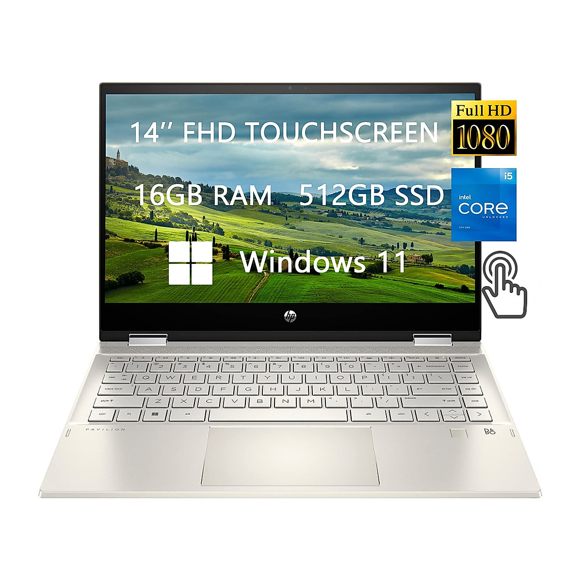 HP Pavilion 14 FHD Spin 2-in-1 Convertible Touchscreen Laptop, 2023 Newest Upgrade, Intel Core i5-1135G7, 16GB RAM, 512GB SSD, HDMI, FP Reader, Wins 11, School & Business Ready, ROKC HDMI Cable, Gold