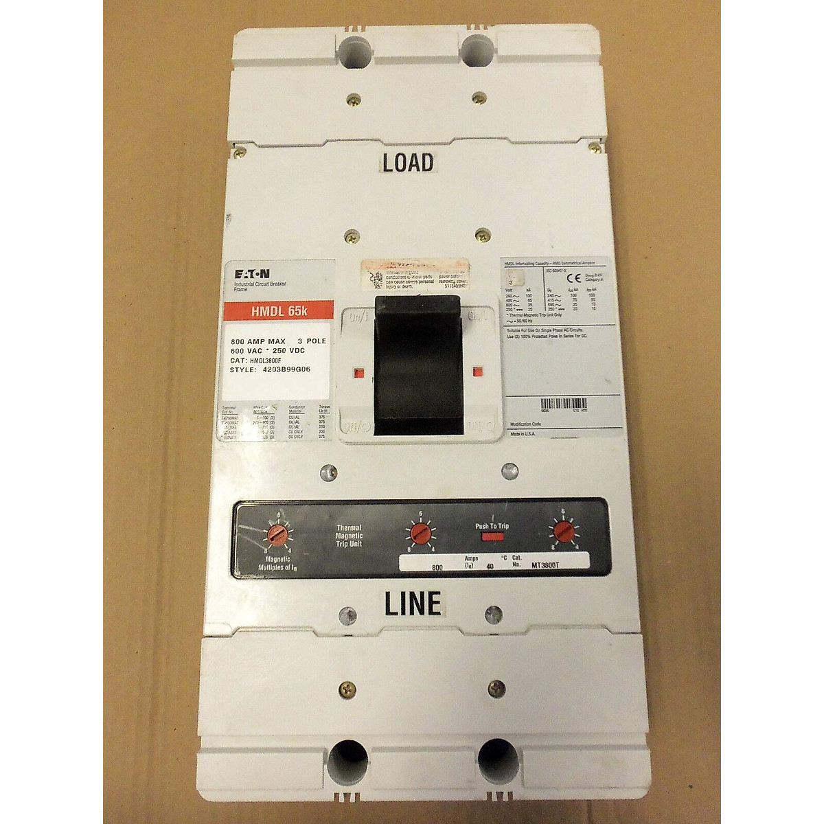 New Eaton Cutler-Hammer HMDL3800F Circuit Breaker Frame 3 Pole 800A 600V 65kAIC