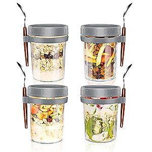 Bupto 4 Pack Overnight Oats Containers with Lids and Spoons, 16 oz Airtight Overnight Oats Jars with Measurement Marks Salad Jars for Cereal Milk Yogurt Vegetable Fruit On the Go Container (4 grey)