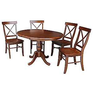 International Concepts 36" Round Top Pedestal Ext Table With 12" Leaf And 4 X-Back Chairs, Espresso