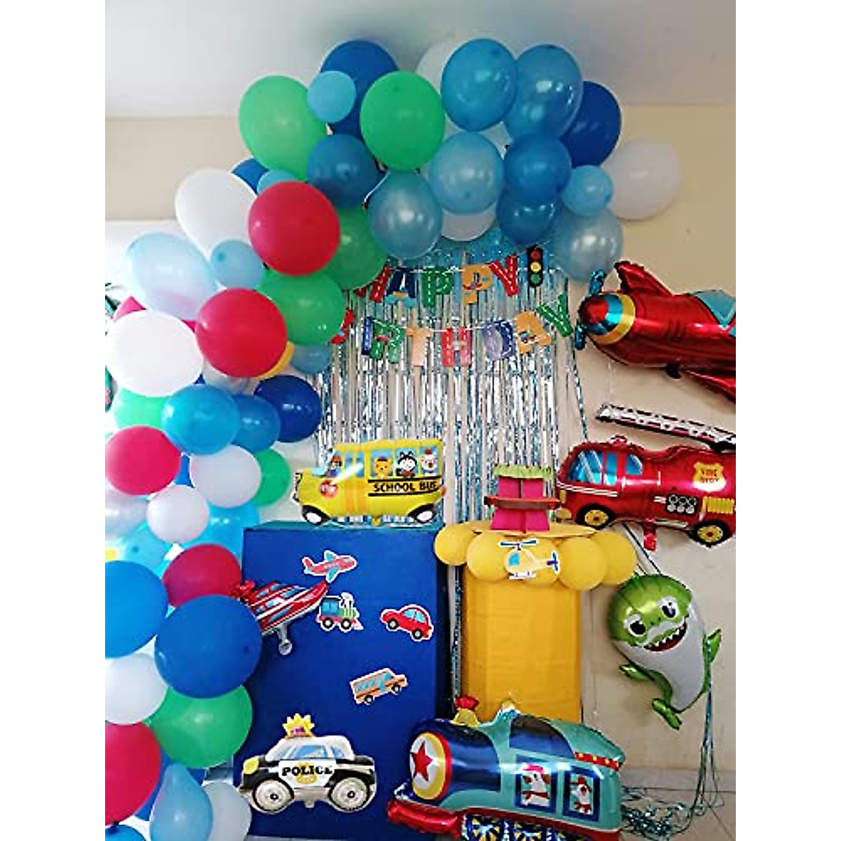 BIRLON Construction Birthday Party Supply, Transport Vehicle Theme Decoration for Boy Baby Shower, Red Green Yellow Blue Balloon Garland Arch Kit Car Reusable Truck Plane Train Police School Bus Foil