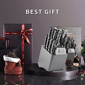 18 Pieces Damascus Kitchen Knife Set, 8 Piece Steak Knives, Non-slip ABS Ergonomic Triple Rivet Handle for Meat Fork, Knife Sharpener and Shears, 17 Slots Fraxinus Manchuria Knife Block (Grey)