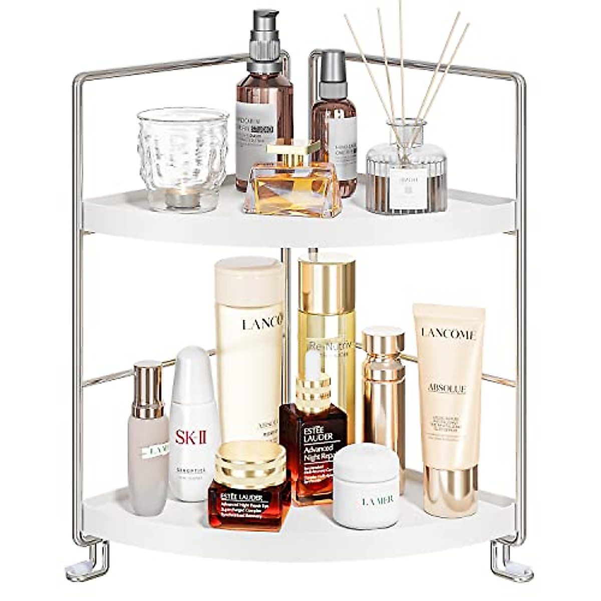 KINGBERWI 2-Tier Bathroom Corner Counter Organizer, Makeup Storage Shelf Vanity Tray, Bathroom Sink Countertop Organizer, Silver