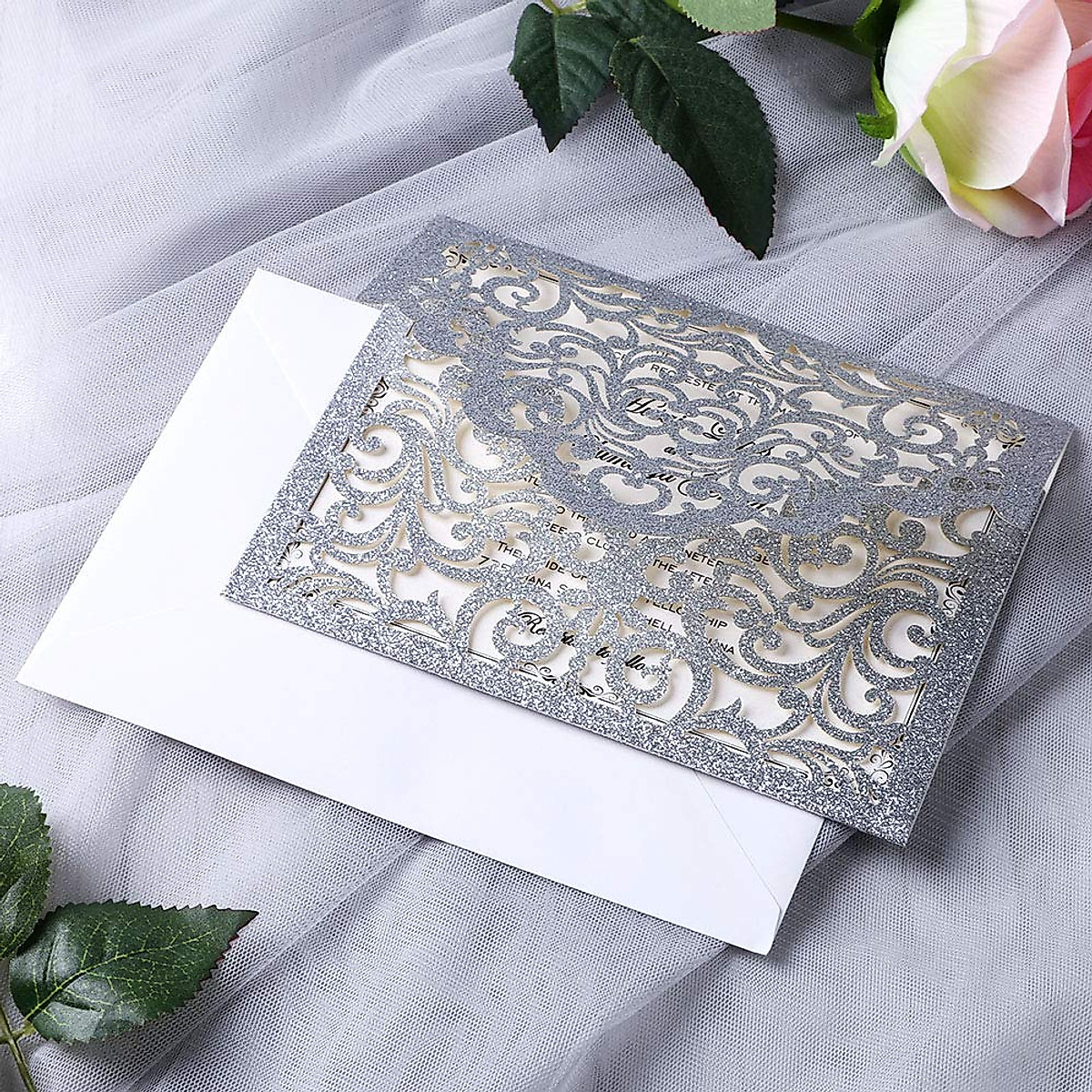 YIMIL 20 Pcs Laser Cut Wedding Invitation Card with Envelope for Wedding Quinceanera Bridal Shower Baby Shower Party Invite (Silver Glitter)