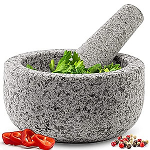 Heavy Duty Large Mortar and Pestle Set, Hand Carved from Natural Granite, Make Fresh Guacamole, Salsa, Pesto, Stone Grinder Bowl, Herb Crusher, Spice Grinder, 6.3" Wide, 2 Cup, Grey