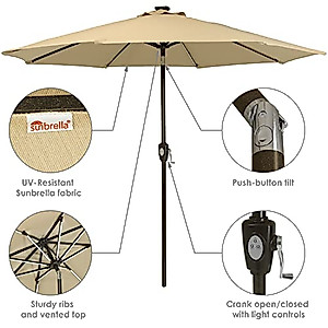 Sunnydaze 9-Foot Sunbrella Tilting Patio Umbrella with Solar LED Light Bars - Beige