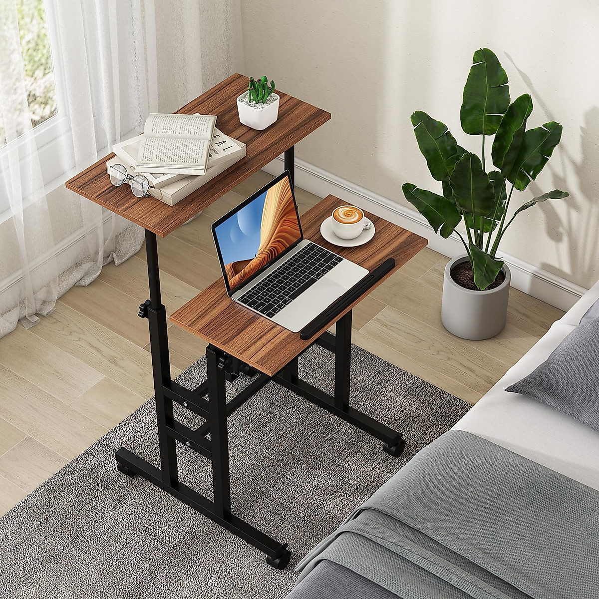 Tangkula Mobile Standing Desk, Height-Adjustable Laptop Podium Cart with Tilting Tabletop & Adjustable Angle, Rolling Stand Up Computer Desk with 2 Hanging Hooks & Lockable Casters for Home Office
