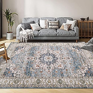 Vintage Floral Print Area Rug, Traditional Washable Indoor Boho Carpet Low Pile Non-Shedding Floor Mat with Non-Slip Rubber Backing, for Dining Room Office Bedroom Living Room, Blue-Green, 9x12