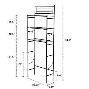 GOOITA 3-Shelf Over The Toilet Storage Bathroom Rack Space Saver Organizer Free Standing Metal Shelves with 4 Hooks, Black