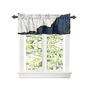 Window Curtain Valances for Kitchen Windows,Natural Marble Abstract Texture Rod Pocket Short Window Valance White Navy Blue Stone with Gold Line Cafe Treatment Valance for Living Room/Bedroom,54x18in