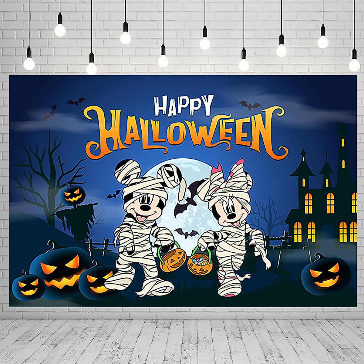 Mickey Mouse Backdrop for Halloween Party Supplies Castle Banner for Party Decorations Pumpkin Halloween Baby Shower Photo Background 59x38in