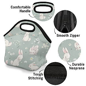 Insulated Neoprene Lunch Bag for Women Men Kids Cute Rabbit Bunny Flower Lunch Box Reusable Small Lunch Tote Bag Cooler Bag for School Work Picnic