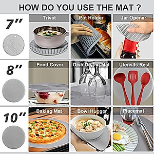 4 in 1, KooMall Trivets for Hot Dishes Pots and Pans & Multi-Purpose Microwave Mat, Silicone Pot Holders for Kitchen Counter, Hot Plates Pads to Protect Quartz Table, Heat Resistant, Gray 10'' 8'' 7''