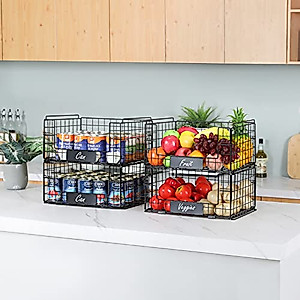 4 Pack XXL Stackable Wire Baskets with Handles for Pantry Storage and Organization,Fruit and Vegetable Basket with Name Plates,Metal Storage Bins for Snack Can Fruit Veggies