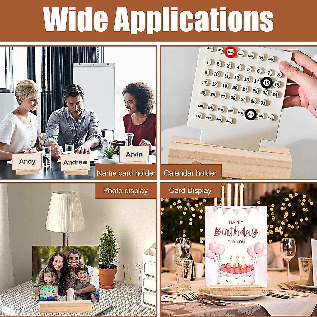 Boocalny 24PCS Wood Place Card Holder, Wooden Table Number Holders, Natural Sign Holders Stands, Picture Name Card Holder for Wedding, Retail Shop, Business Card Holders for Decoration, Events 4x1.2x1in