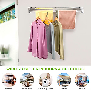 JolyBay Wall Mounted Laundry Drying Rack, Retractable Clothes Drying Rack for Bathroom with Wall Template, 5 Stainless Rods Heaving 60 lb Capacity (White, 40")