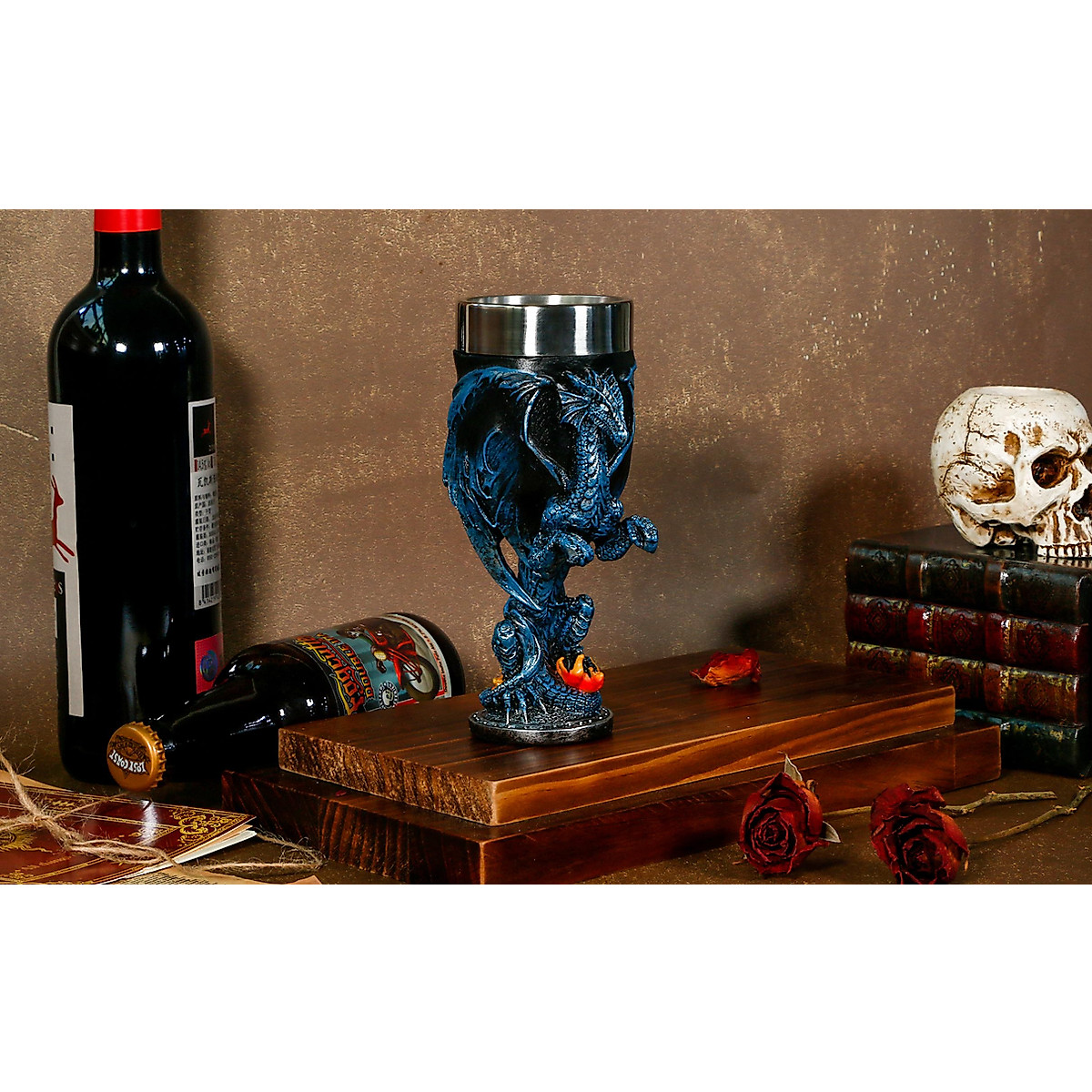 alikiki Medieval Fantasy Blue Dragon Goblet - Dungeons and Dragons Gifts Party Decoration D&D Game Chalice Cup of Thrones Merchandise 7oz Stainless Steel Gothic Drinking Cups