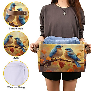 Large Storage Basket Blue Birds Autumn Storage Bin Cube Canvas Fabric Organizer Handles Collapsible for Clothes Toys Bedroom Decorative