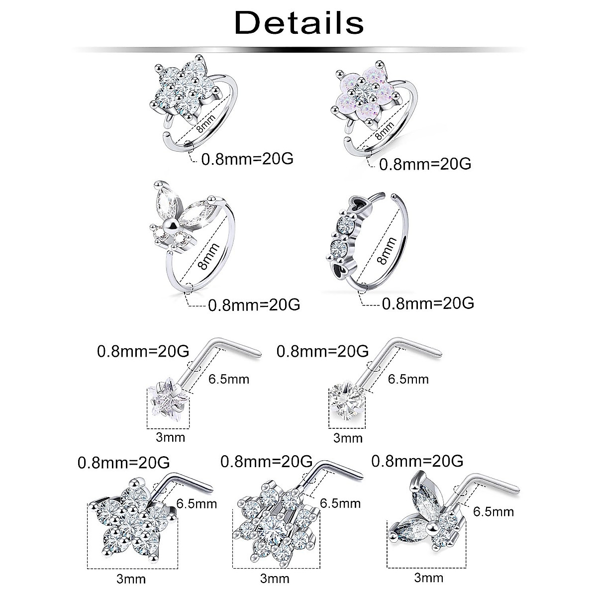 Pnsgisr Nose Rings Studs Hoops Piercings Jewelry for Women Men 20g 20 Gauge Silver Surgical Stainless Steel l Shaped Shape Stuf Bar Big Hypoallergenic Butterfly Nostril Aretes Para La Nariz