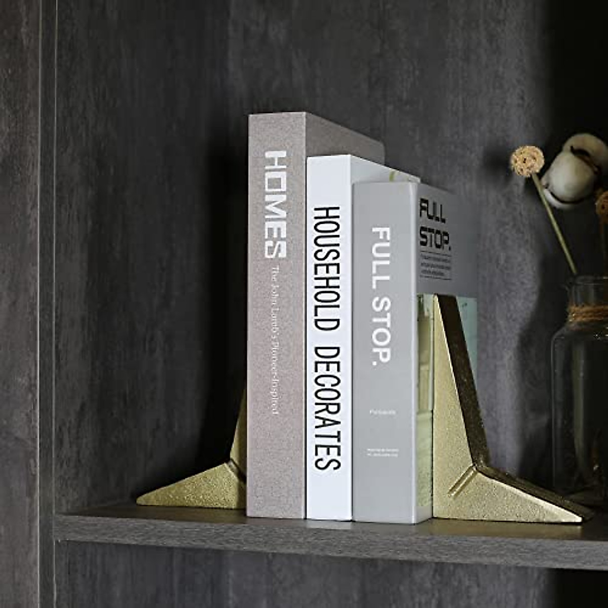 Cast Iron Geometric Decorative Bookends , Sharp Triangle Theme , Heavy Duty , Set of 2 Gold