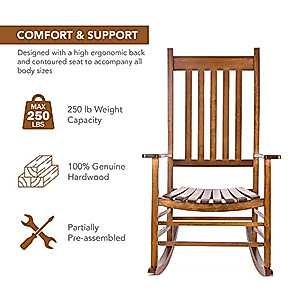 Shine Company Vermont Porch Rocker, High Back Wood Rocking Chair, Oak
