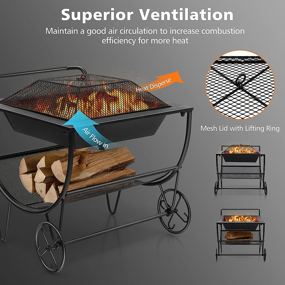 Tangkula Outdoor Fire Pit with Wheels and Firewood Log Rack, Patio Wood Burning Bonfire Pit with Storage Rack, Spark Screen, Portable Rolling Fire Pit Stove for Outside, Camping & Picnic