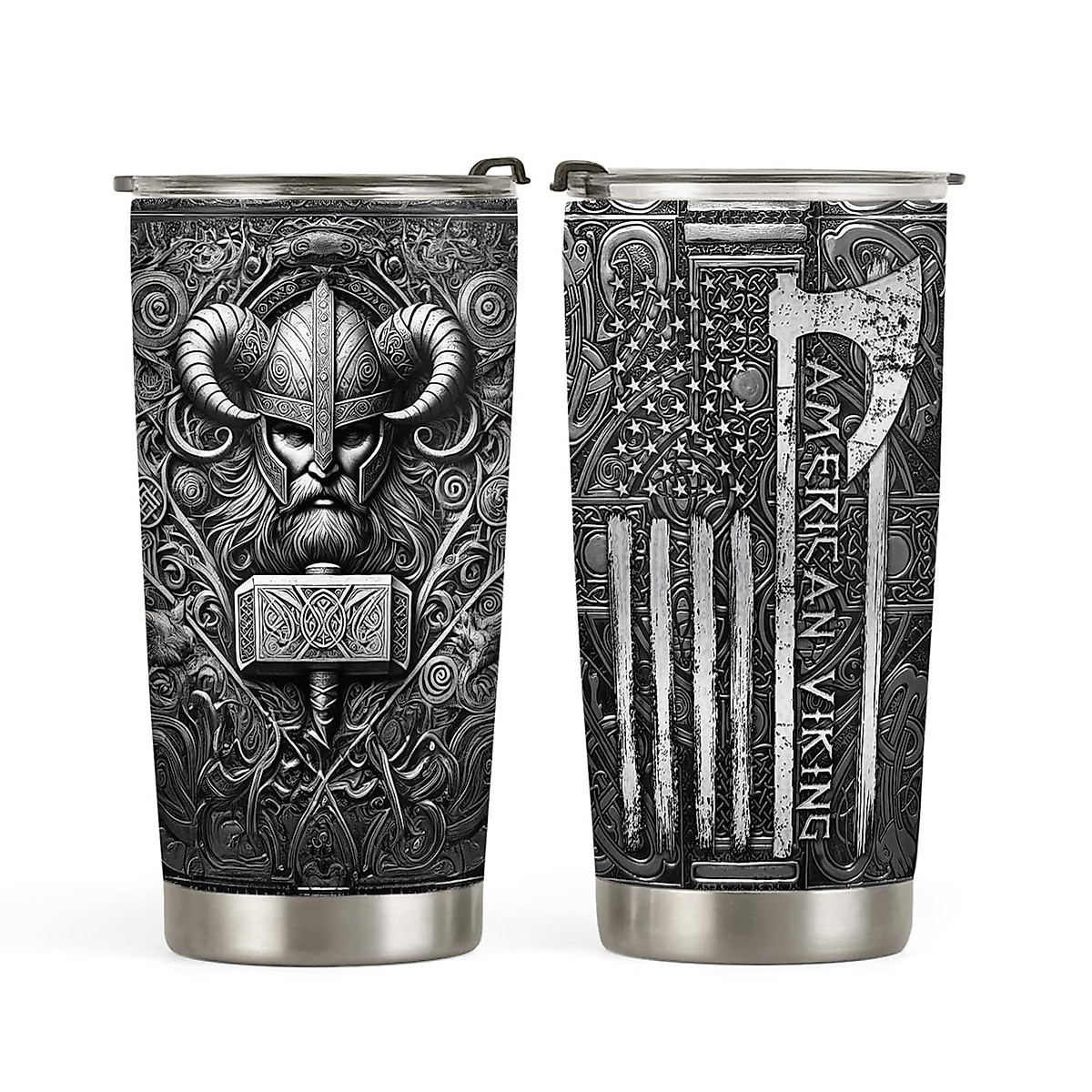 20oz American Viking Tumbler, Viking Gifts for Men, Norse Mythology Gifts, Coffee Thermos for Men, Stainless Steel Double Wall Vacuum Insulated Coffee Mug, Travel Cup with Lid