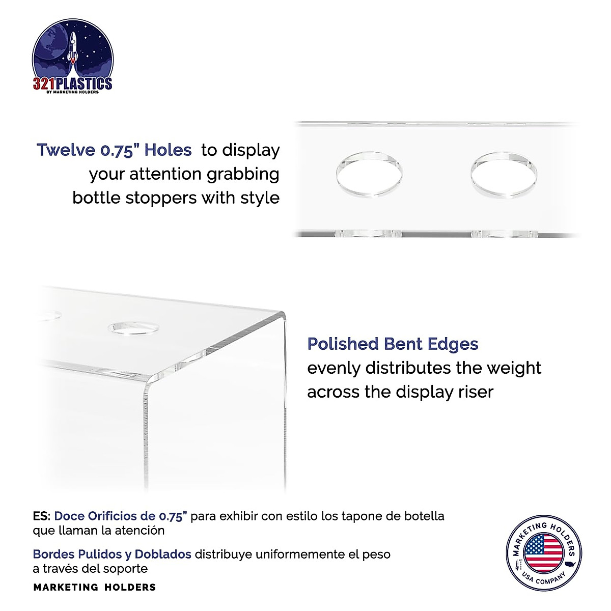 Marketing Holders Wine Stopper Wine Bottle Topper Liquor Pourer Display Stand 12 Slot Rack .75 Inch Wide Holes Clear Acrylic 2 Tier Riser 11.75 Inch Wide by 4.75 Inch Deep Retail Counter Showcase