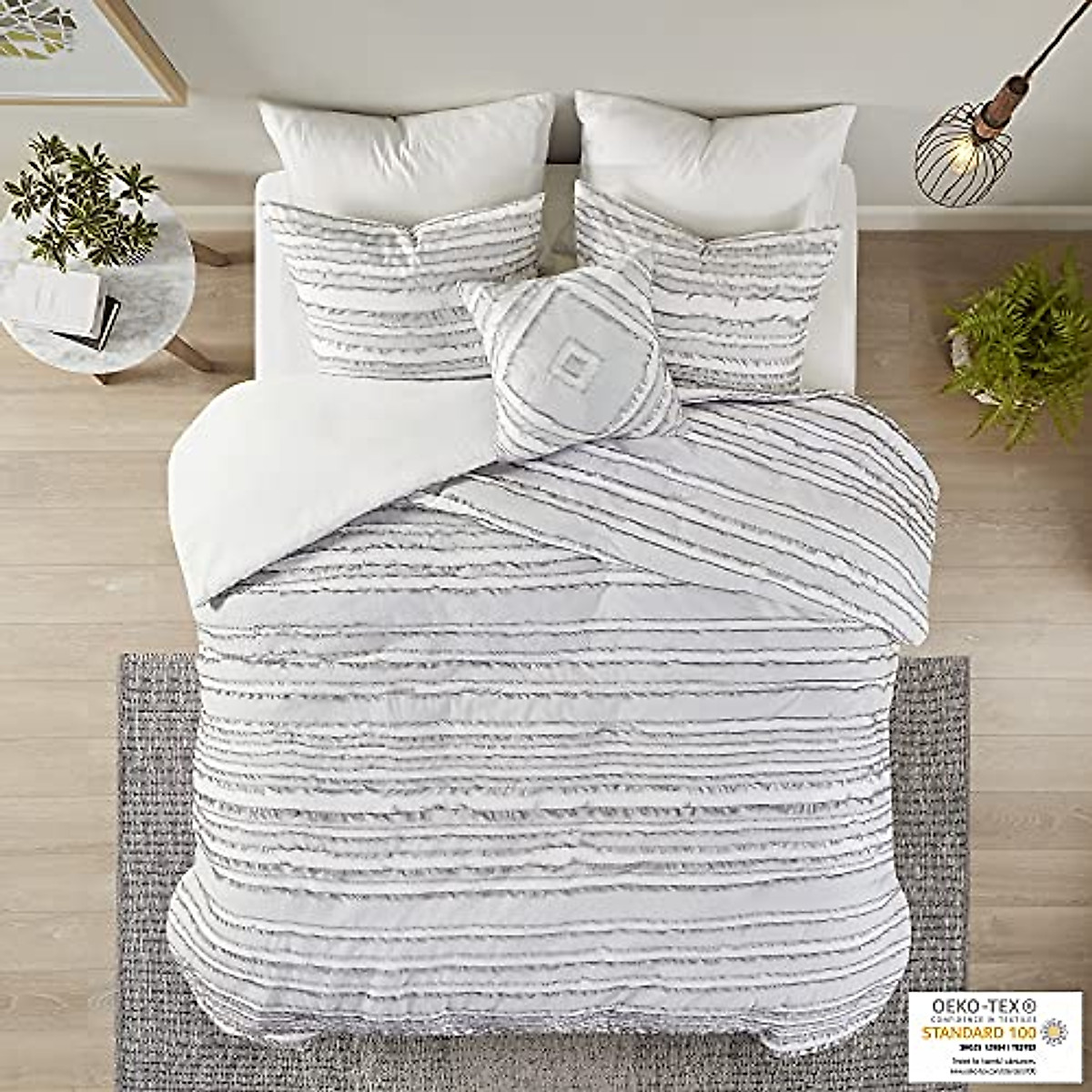 Urban Habitat Avery 100% Cotton Clipped Jacquard Duvet Casual Stripe Design, All Season Comforter Cover Modern Bedding Set with Matching Sham, Decorative Pillow, Full/Queen, Grey 5 Piece