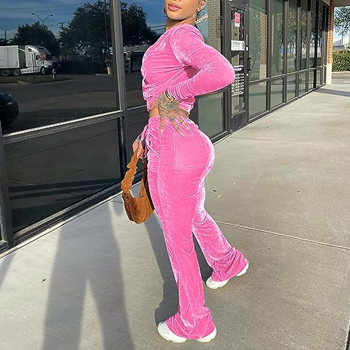 plus size 2 piece outfits for women Lounge Sets for Women Zip Up Casual 2 Piece Pant Sets Long Sleeve Hooded Sweatshirts Comfy Velvet Fashion Outfits Pink XL