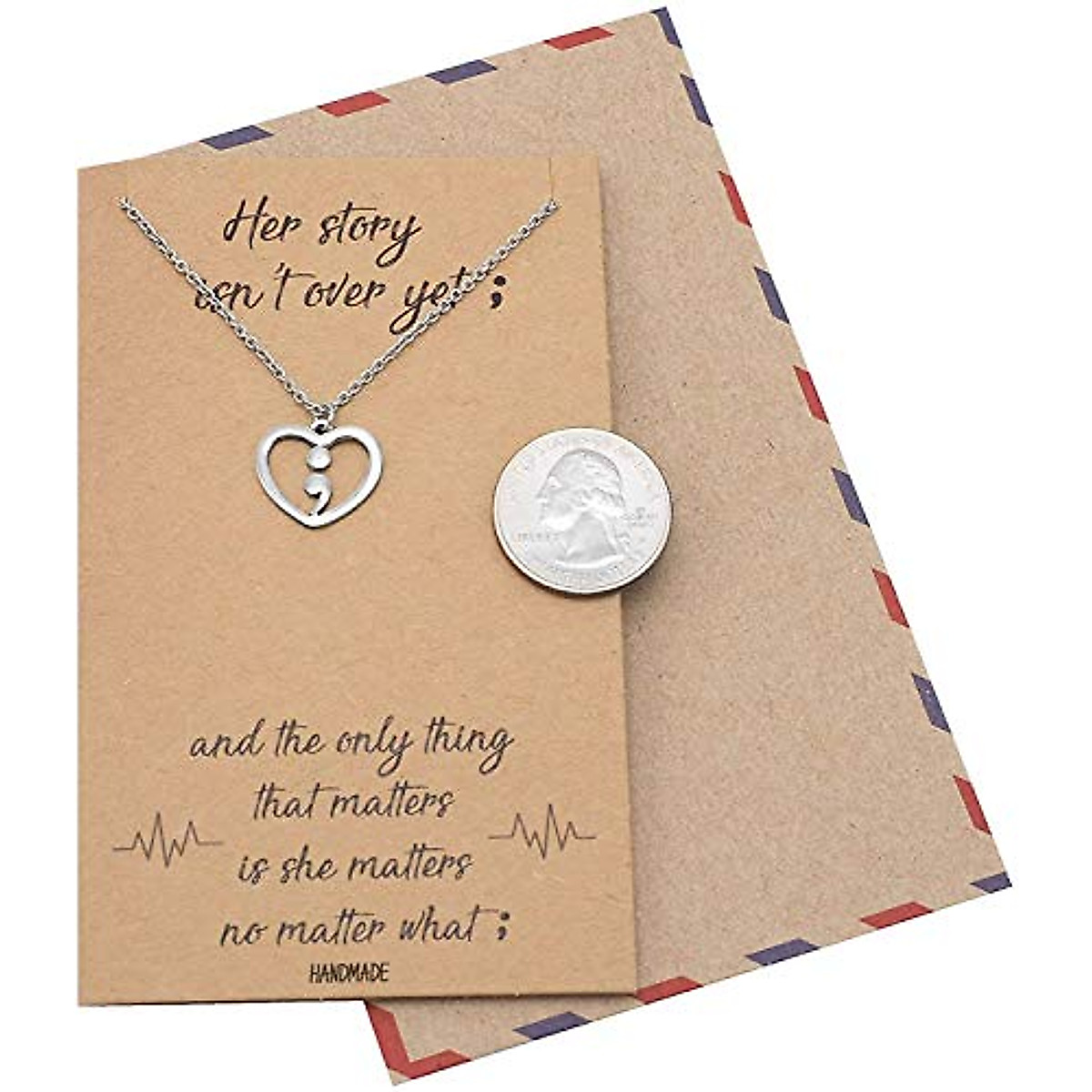 Quan Jewelry Continue Semicolon Heart Necklace, Mental Health Awareness, Encouragement Gifts for Women