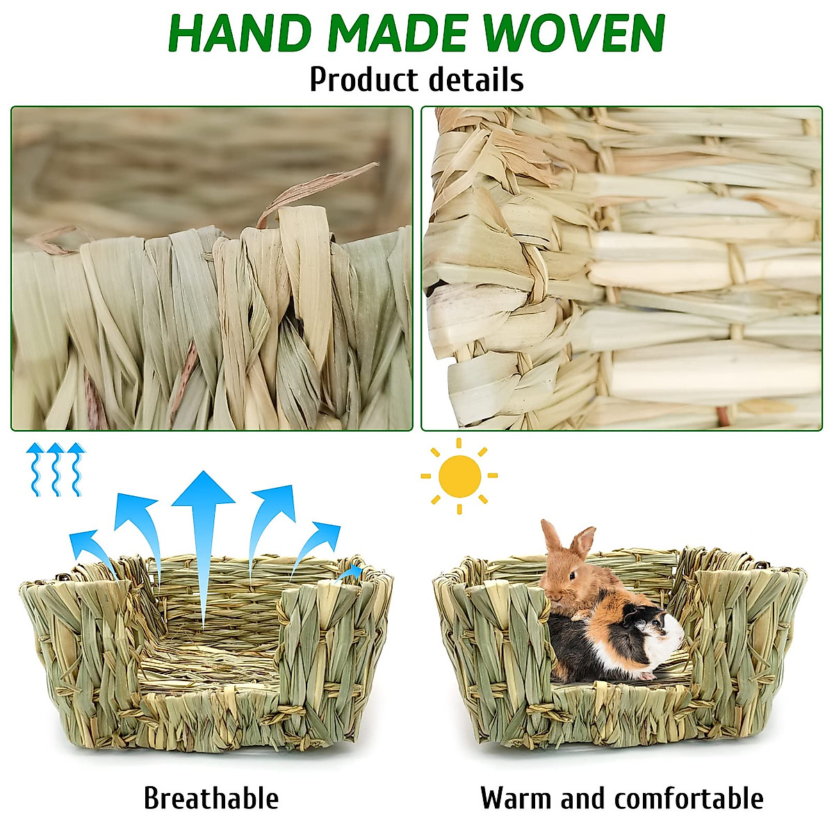 Hamiledyi Rabbit Grass Bed for Bunny, 12 Pcs Pet Bunny Chew Toys Natural Hand-Made Woven Hay Mat Hamster Grass Basket Small Animals Bedding for Guinea Pig Chinchilla Ferret Gerbil Rat