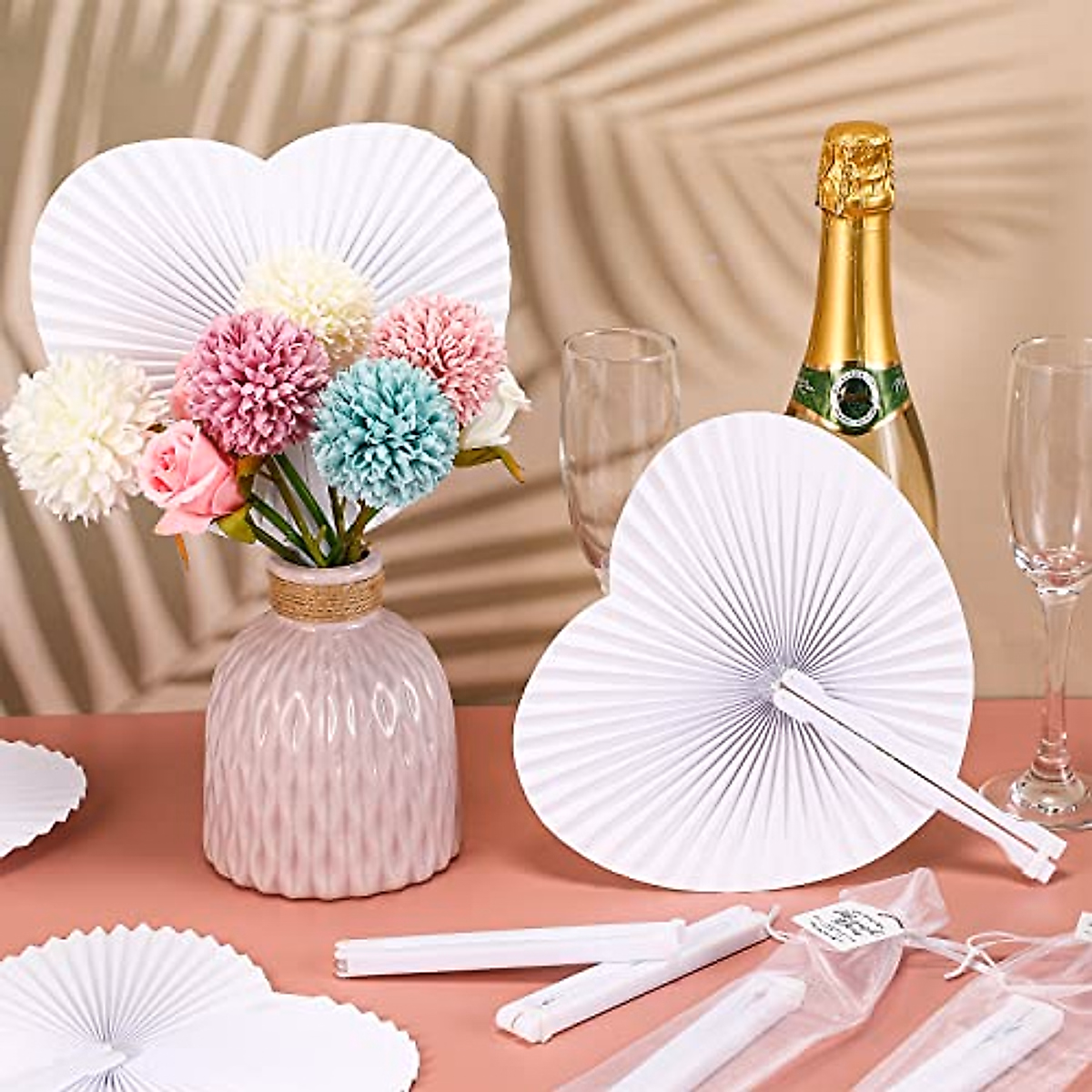 Gerrii 50 Pcs Folding Handheld Fans Paper White Wedding Fans Heart Shaped Folding Fans with Labels and Gift Bags for Wedding Celebration Birthday Party Bridal Shower Favors Kids Supplies
