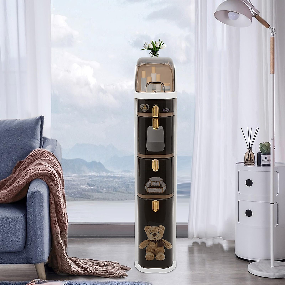 KUMOYOU 4 Tiers Plastic Floor Narrow Cabinet, Small Bathroom Side Corner Waterproof Organizer, Slim Large Capacity Storage with Handle Clear Drawers for Kitchen, Bedroom, Laundry, Living Room