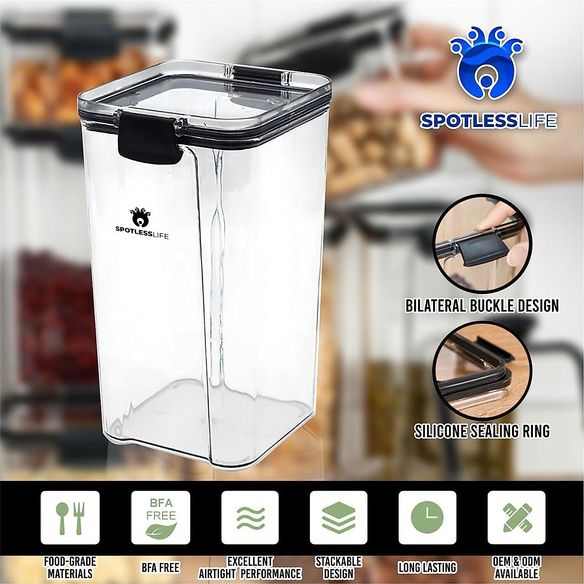 SPOTLESSLIFE Pantry Food Storage Container - 60oz - Tall Kitchen Canister with Airtight Lid, Clear Organizer for Dry Ingredients, Flour, Cereal – Large Sealed Container for Kitchen and Pantry