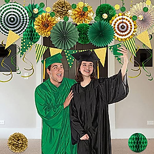 Green Gold Party Decorations Paper Fans, Graduation Season Hanging Glitter Triangle Flags Banner Hanging Paper Fan Happy Birthday Banners and Triangular Flag, Bridal Shower,Green Themed Birthday