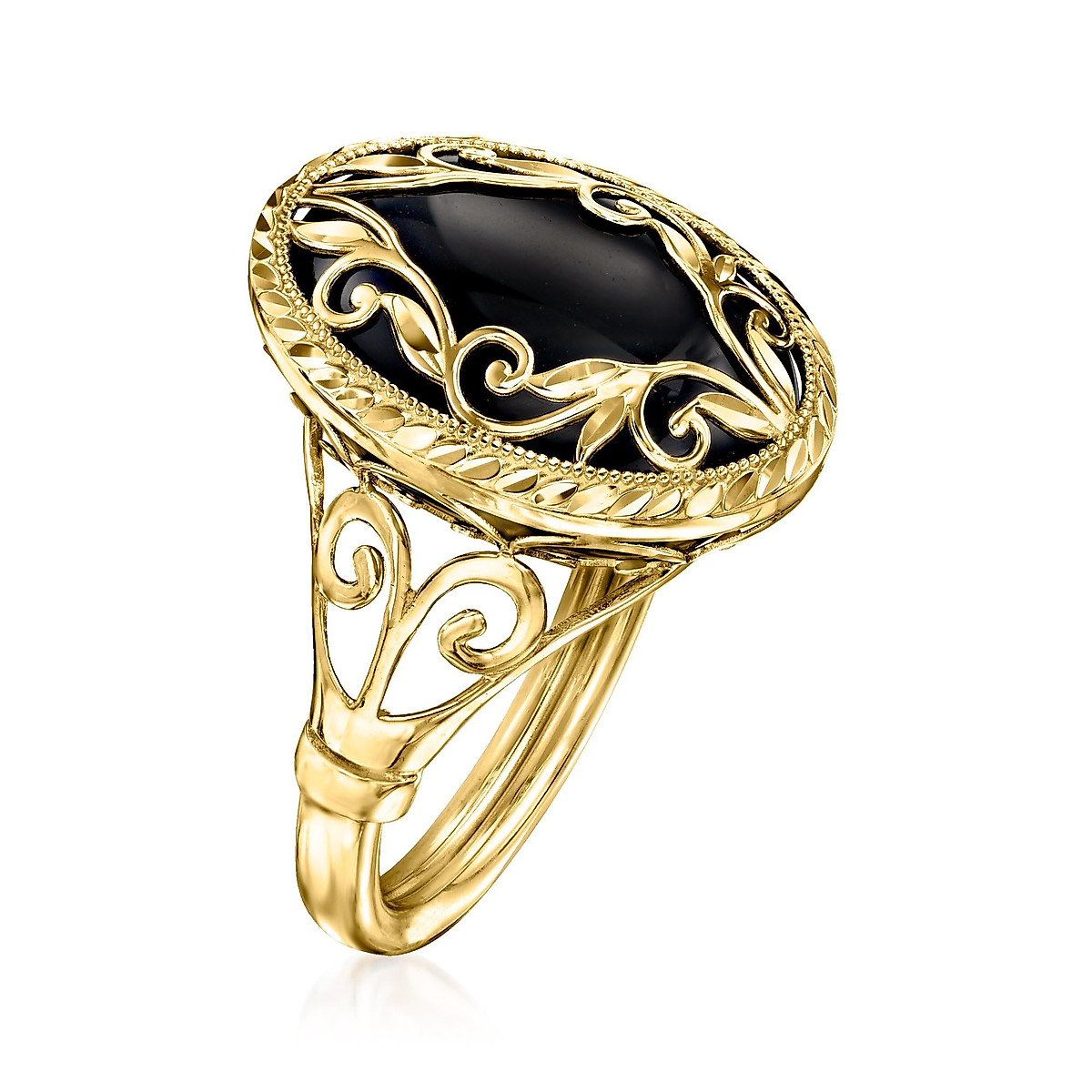 Ross-Simons Black Onyx Scrollwork Ring in 14kt Yellow Gold. Size 8