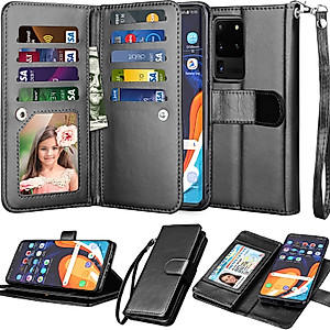 NJJEX Galaxy S20 Case, for Samsung Galaxy S20 Wallet Case 6.2", [9 Card Slots] PU Leather ID Credit Holder Folio Flip [Detachable] Kickstand Magnetic Phone Cover & Lanyard for Samsung S20 [Black]